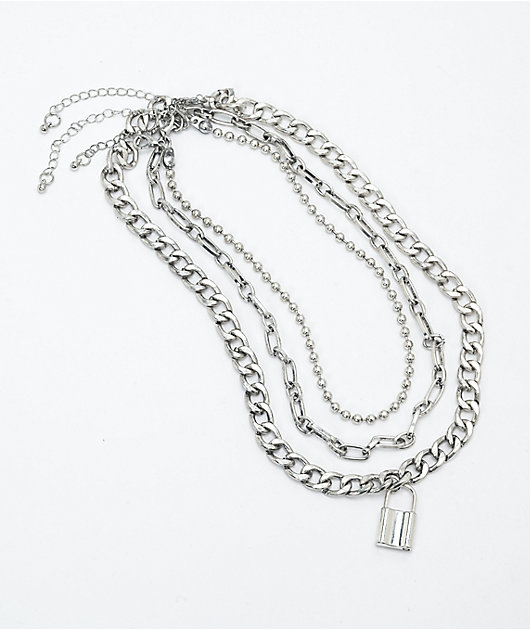Stone + Locket Lock & Chain 18" Silver Layered Necklace Pack | Zumiez